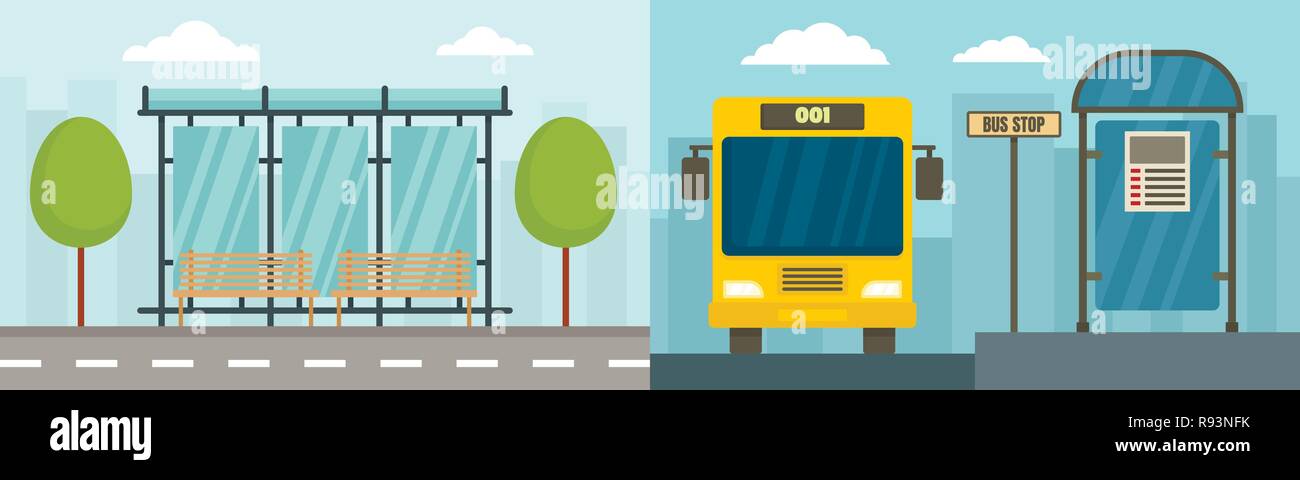 City bus stop banner set. Flat illustration of city bus stop vector ...