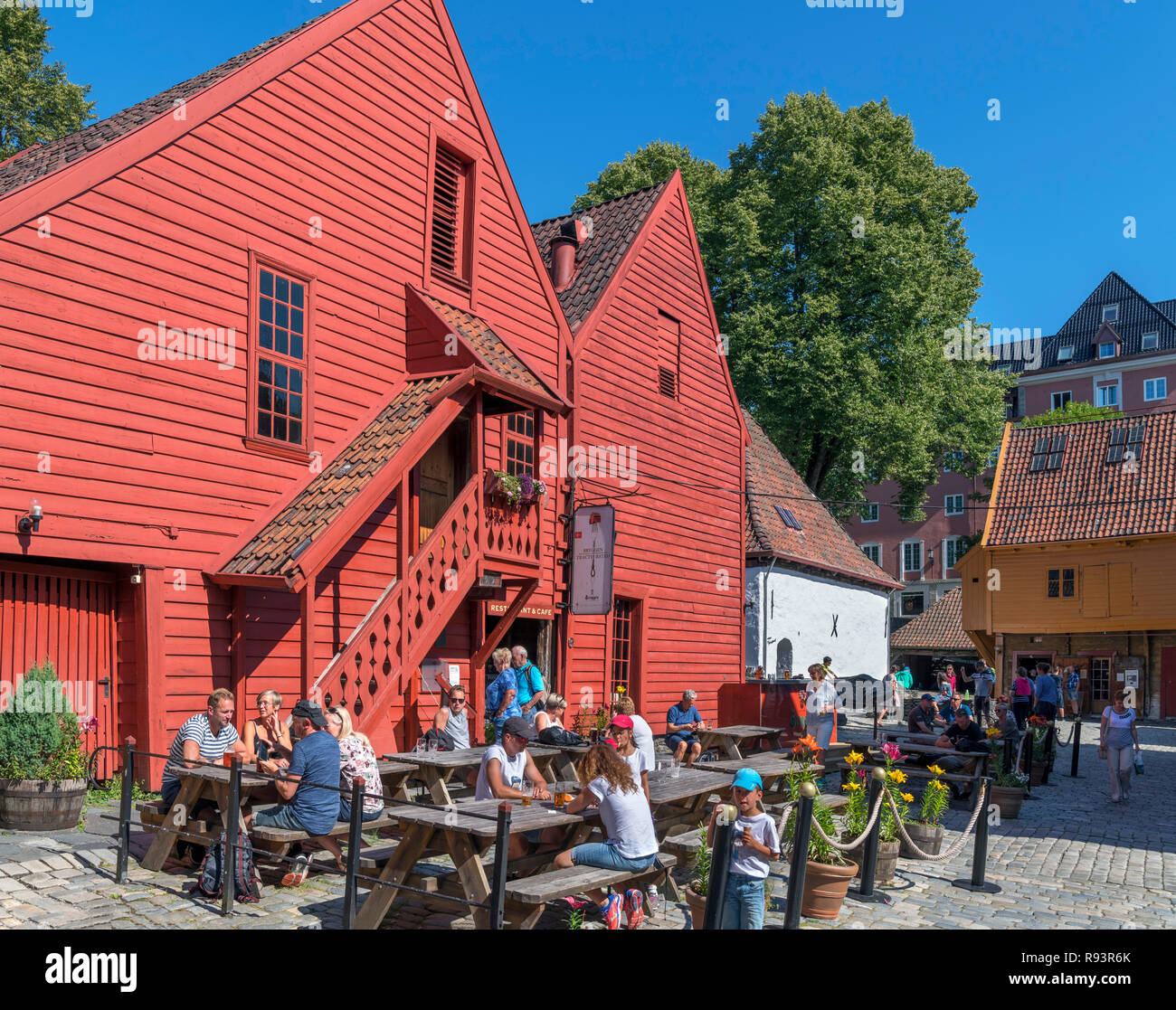 Cafe and restaurant in the historic Bryggen district, Bergen, Norway ...