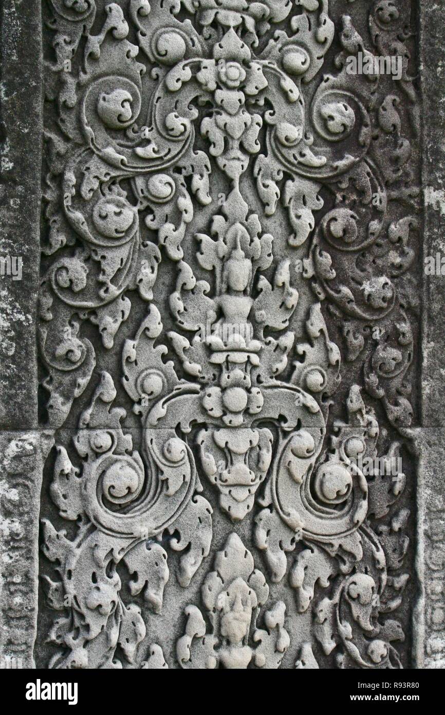 Cambodian detailed pattern carved into stone temple walls Stock Photo ...