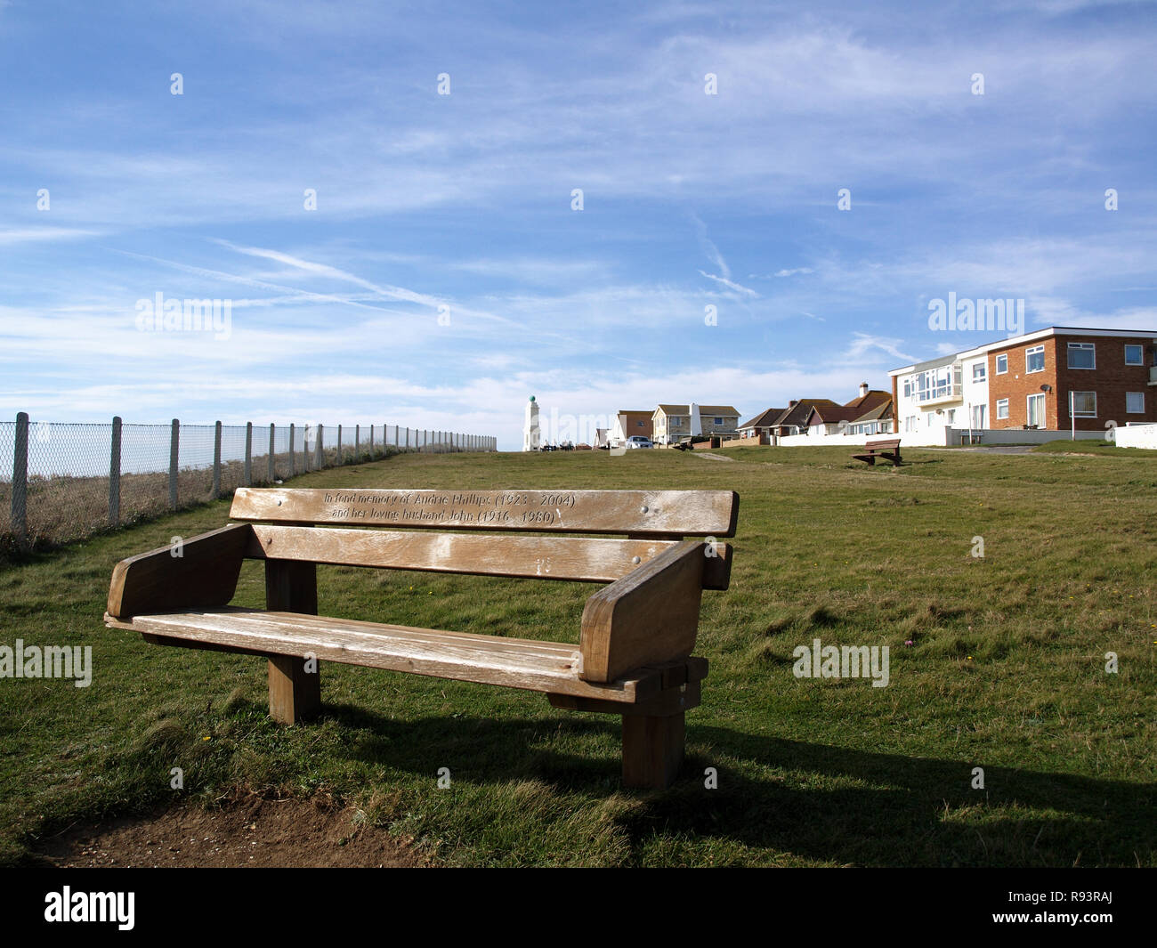 Wooden bench near The Meridian Monument, Peacehaven, East Sussex Stock ...