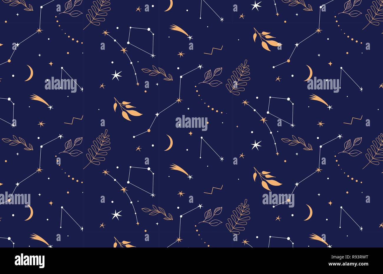 Constellations seamless pattern. Night background with stars, planents and leaves Stock Vector ...
