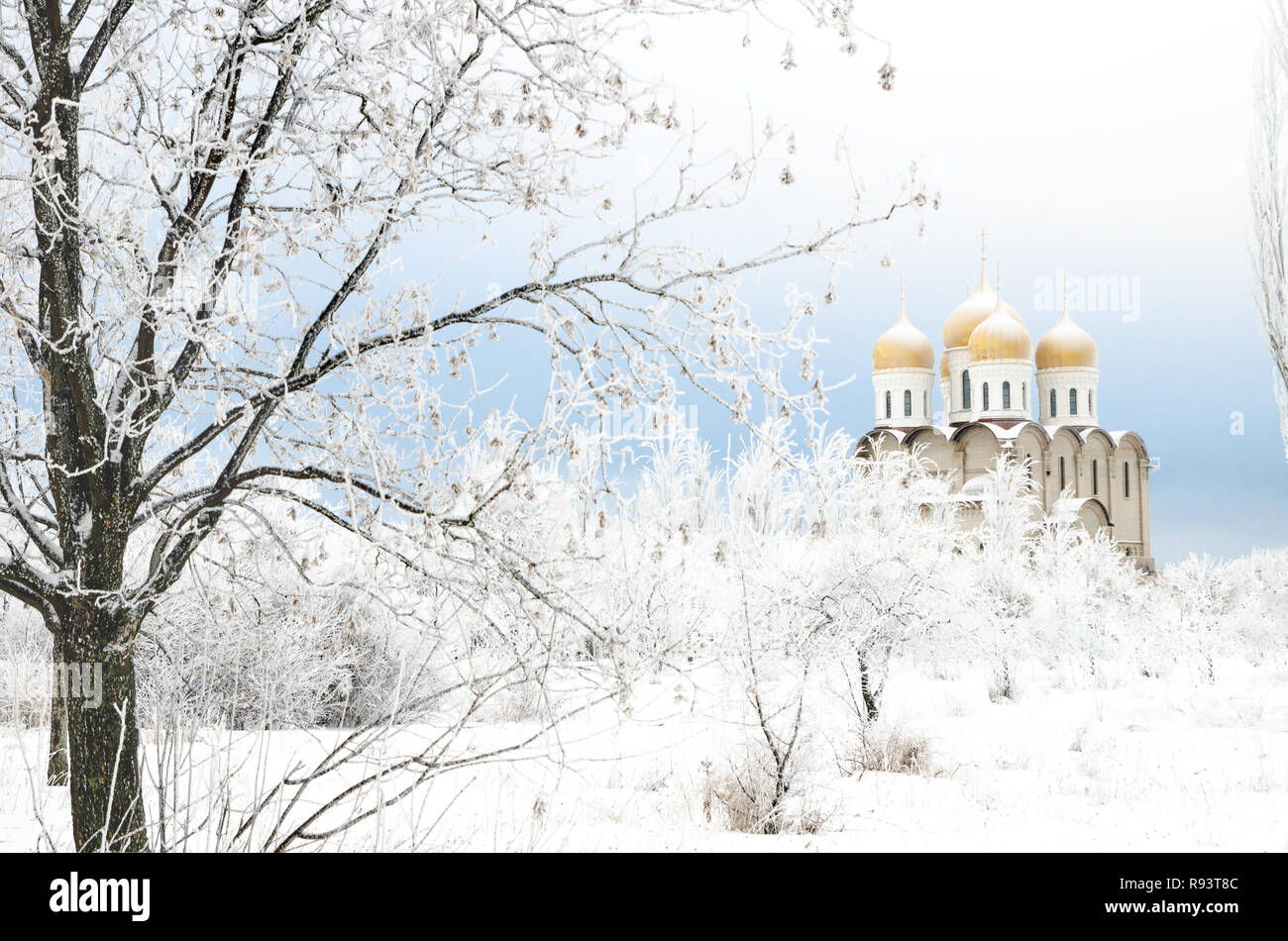 church in winter with trees and snow Stock Photo - Alamy