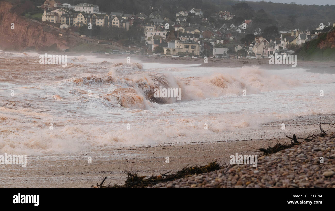 Storm waves crashing onto the pebbled beach at Budleigh Salterton on ...