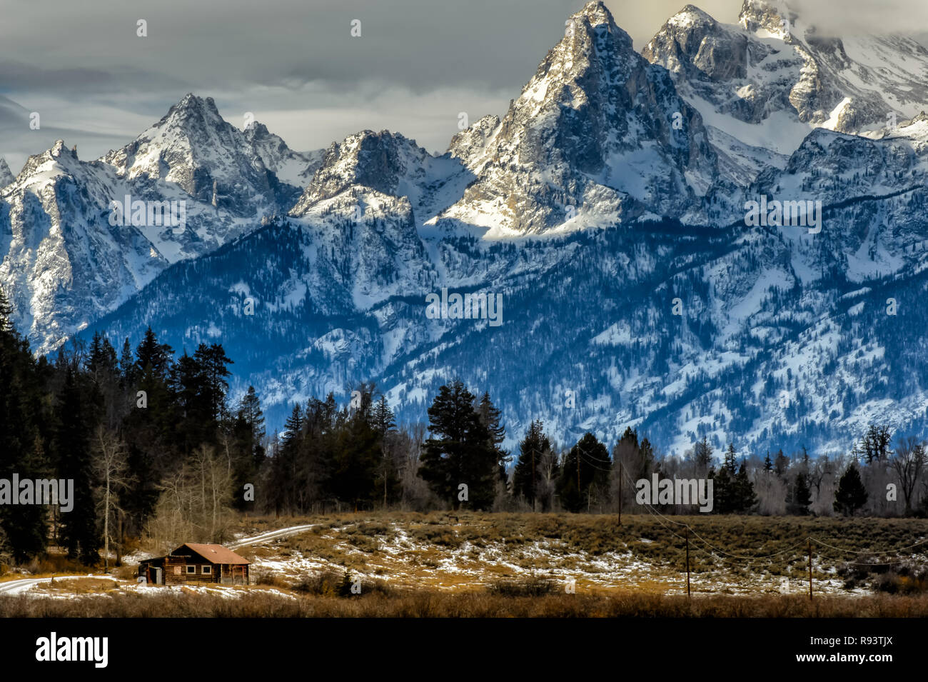 Log Cabin in Grand Teton National Park dwarfed by the snow covered ...