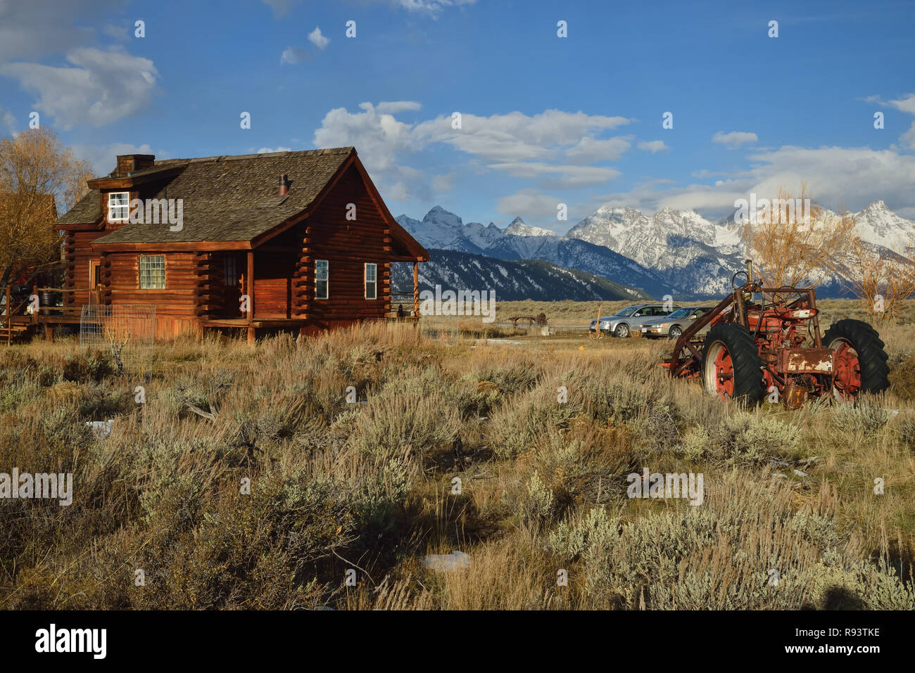 Farm in Kelly against the Backdrop of the Teton Mountain range in ...