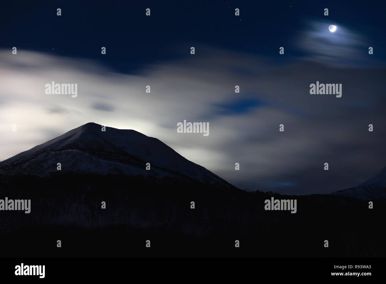 Long exposure at night of Mount Niseko-Annupuri in the town of Kutchan ...