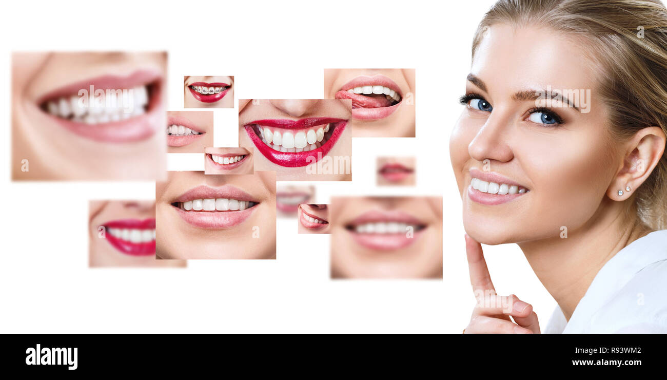 Young woman near collage with health teeth Stock Photo - Alamy