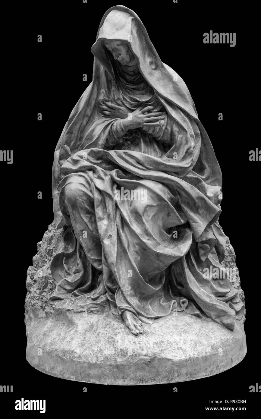 Old statue of a suffering woman isolated on black Stock Photo - Alamy