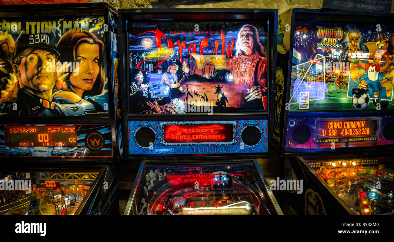 Budapest, Hungary - March 25, 2018: Pinball museum. Pinball table close ...
