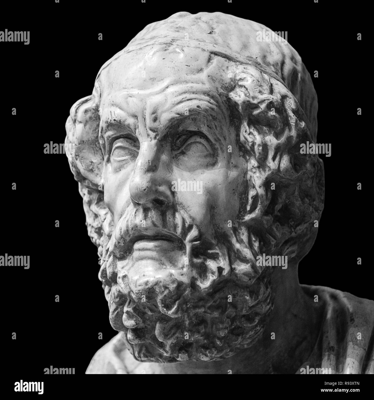 Head and shoulders detail of the ancient sculpture. Isolated on black ...