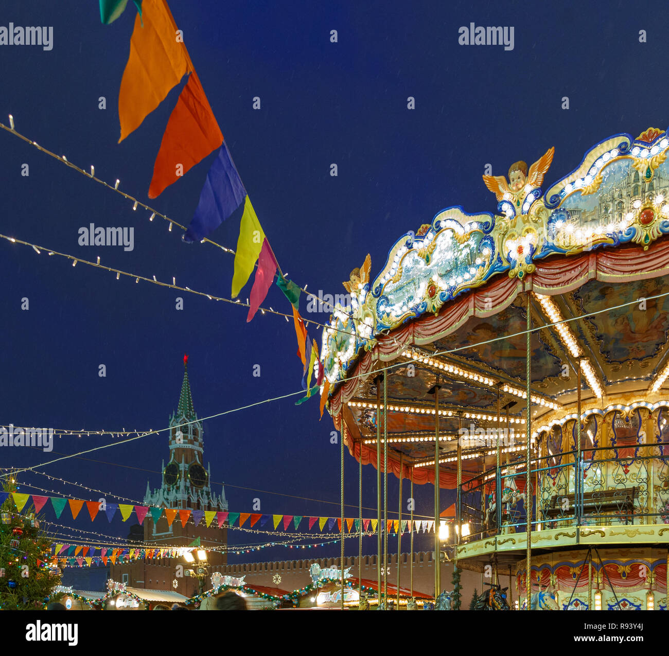 Moscow, Russia, December 5, 2017: Carousel and St. Basil cathedral ...