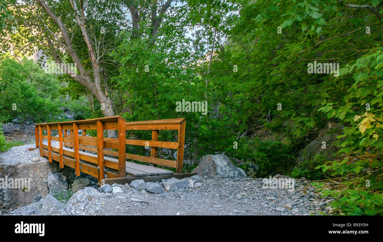 Short and narrow wood bridge in Provo Utah forest Stock Photo - Alamy