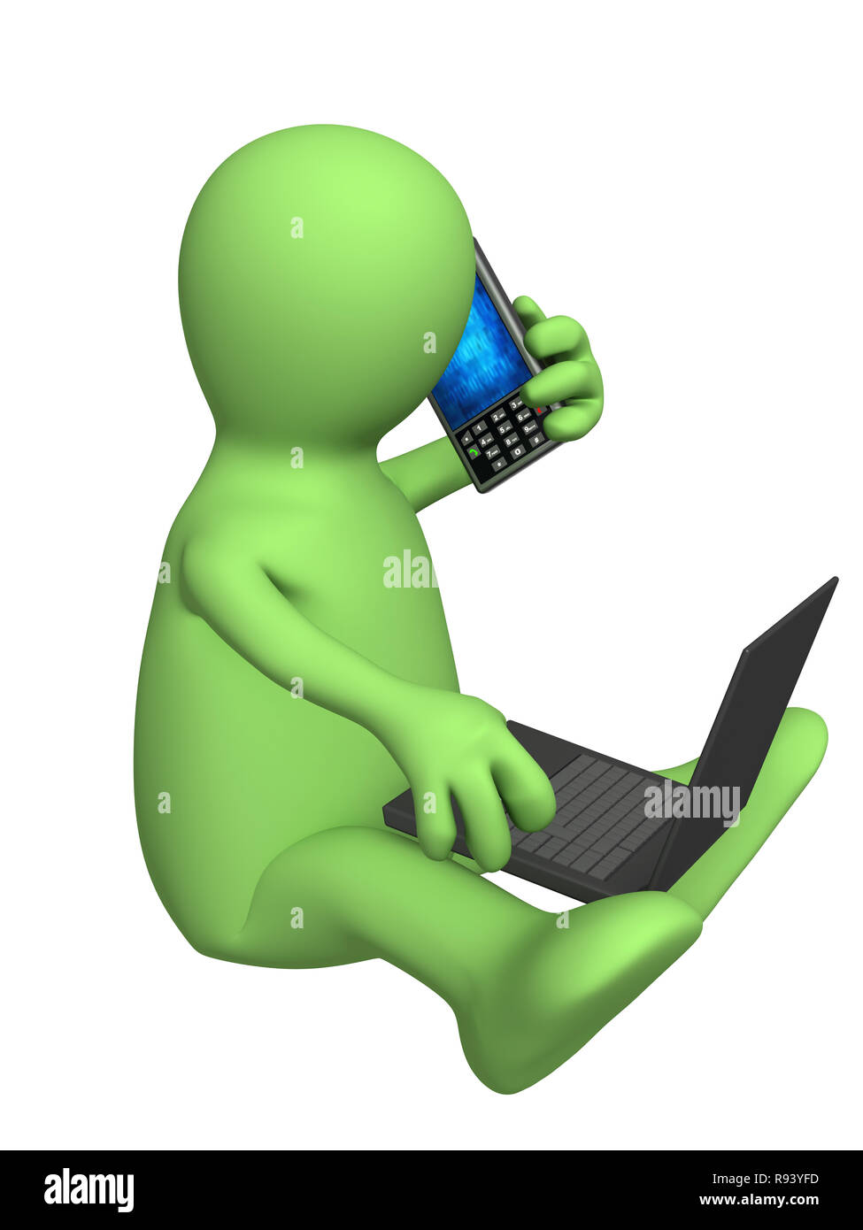 3d puppet, sitting with a laptop - dialogue in the Internet Stock Photo ...