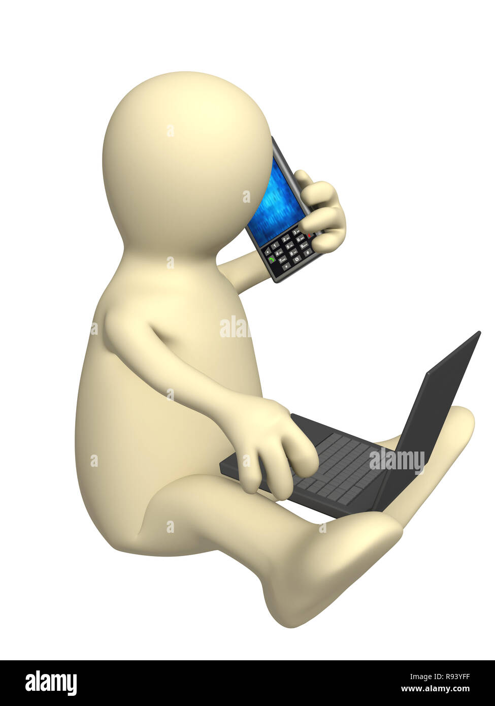 3d puppet, sitting with a laptop - dialogue in the Internet Stock Photo ...