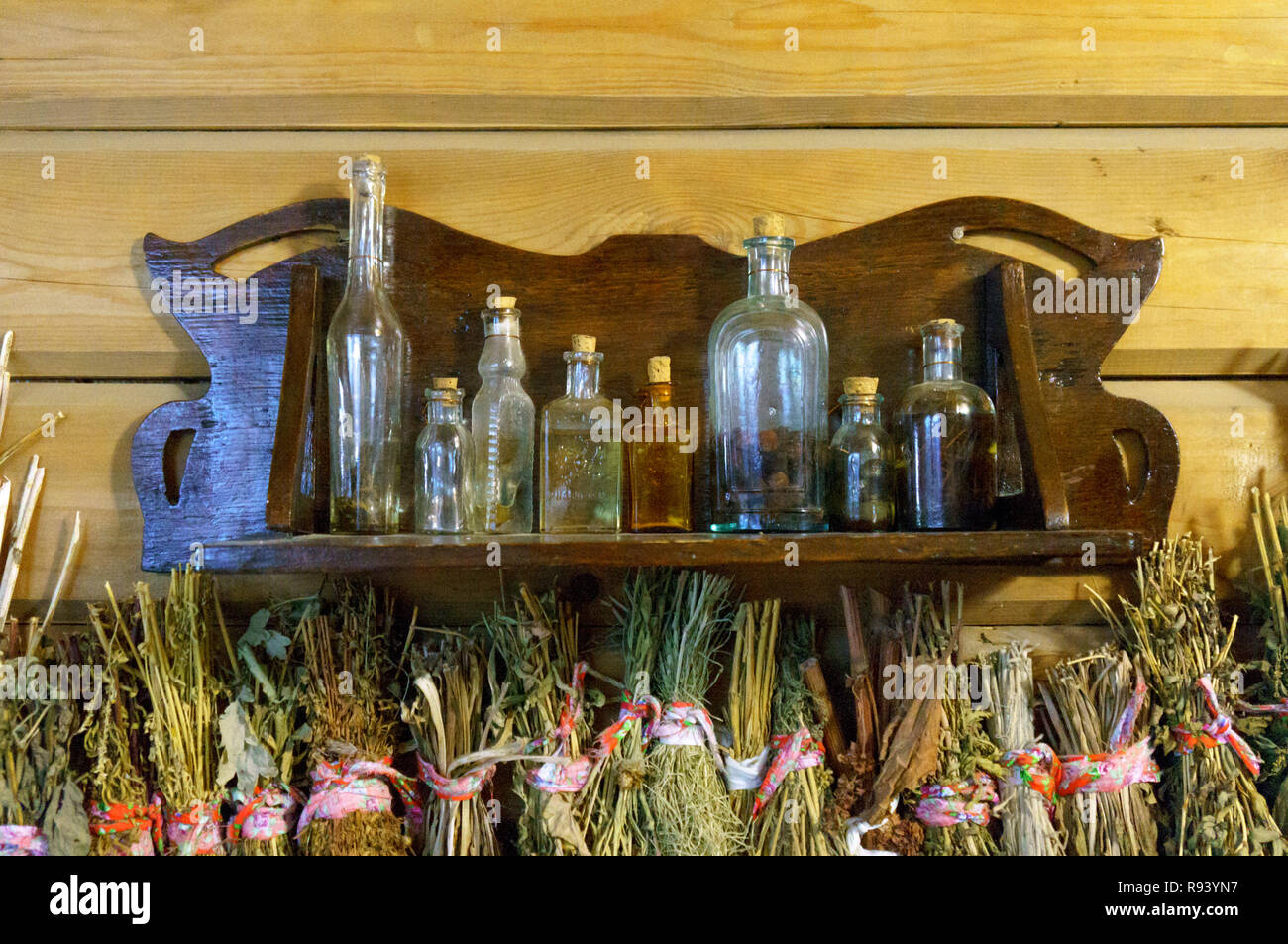 Vintage glass vials and bottles alchemy Stock Photo - Alamy