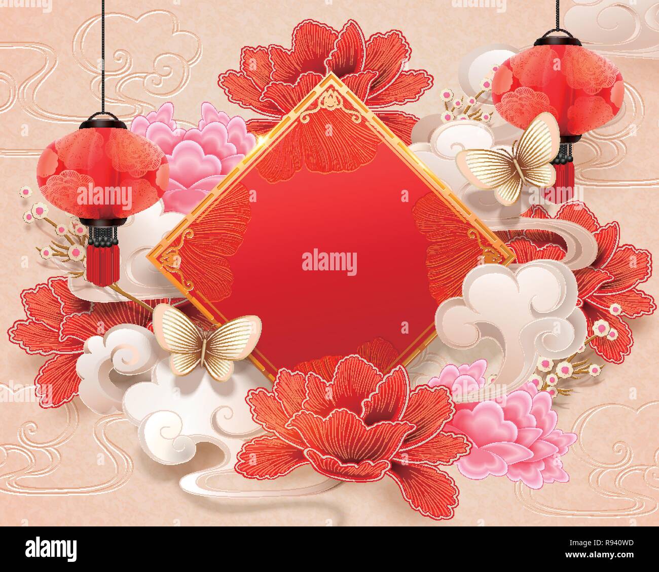 Spring festival background in paper art style with floral and lanterns ...