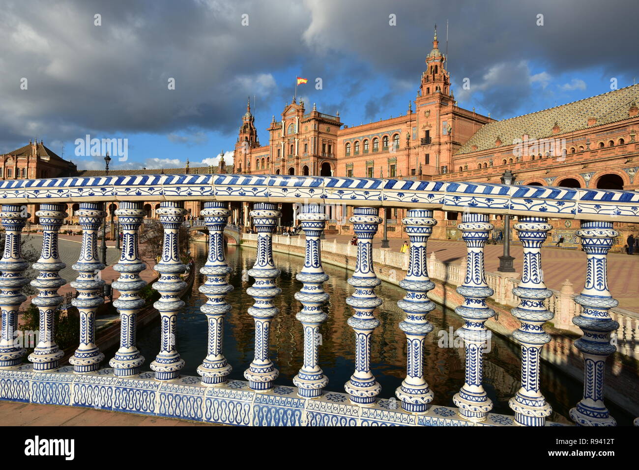 The beautiful Plaza of Spain in Seville, with its colorful decorations ...