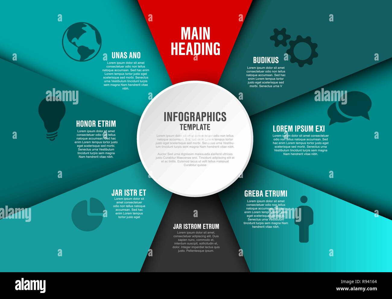 Vector teal Infographic diagram template with various sections, texts ...