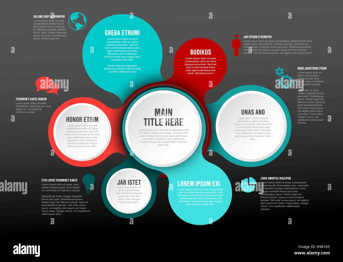 Vector red and teal infographic report template with circles and icons ...