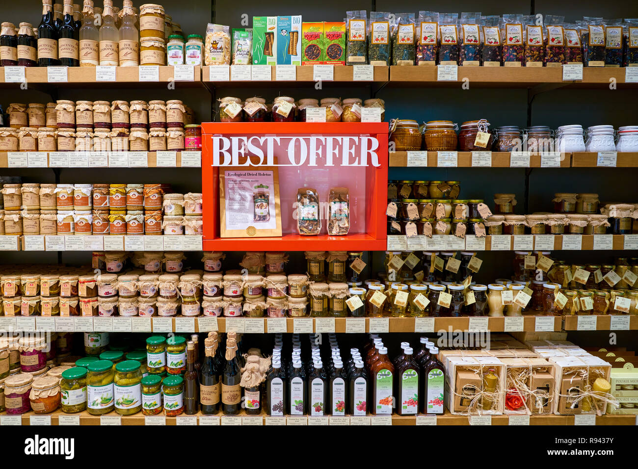WARSAW, POLAND - CIRCA NOVEMBER, 2017: goods on display at Premium Food ...