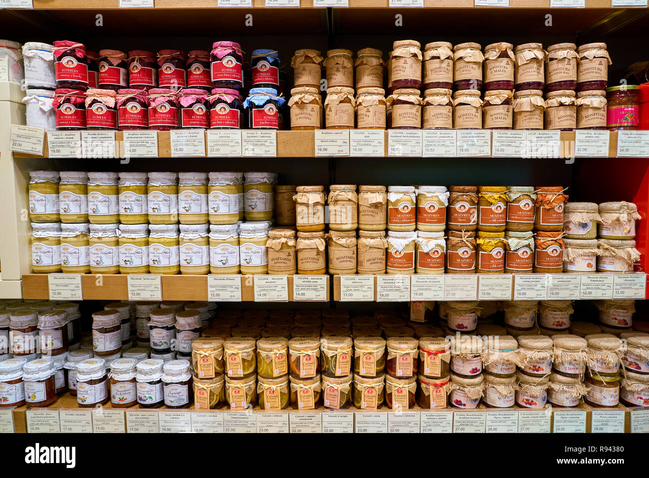 WARSAW, POLAND - CIRCA NOVEMBER, 2017: goods on display at Premium Food ...
