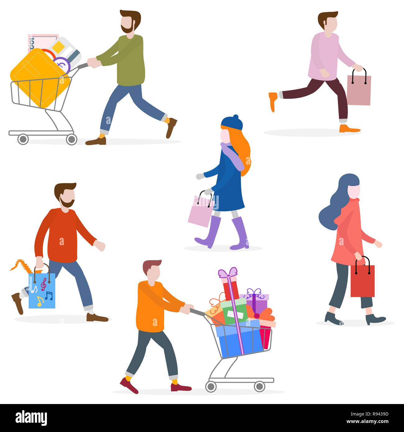 Vector illustration with people go shopping, carry shopping. Big sale ...