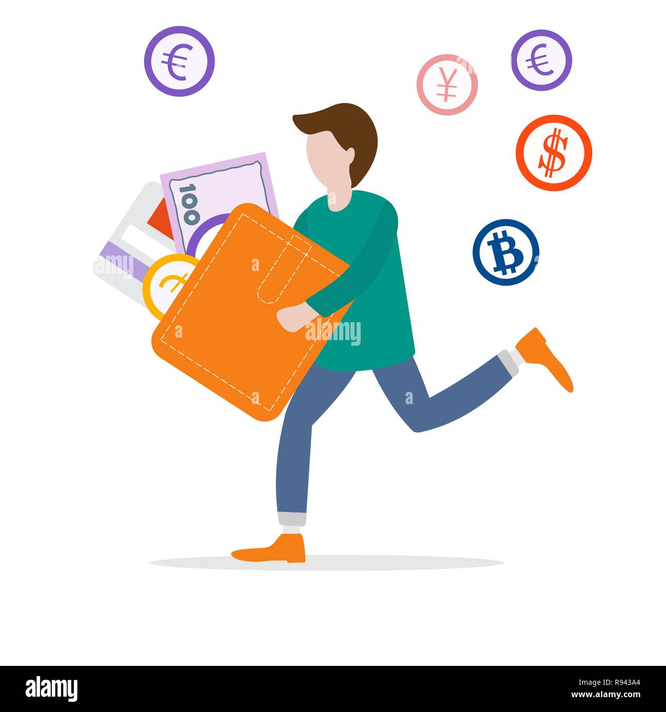 Vector illustration with man holding wallet, bank card, banknote, coins ...