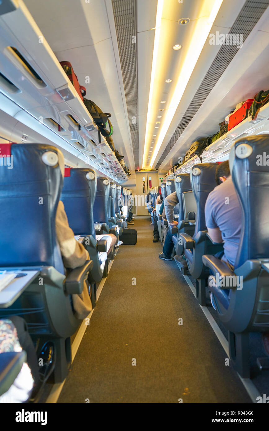 MILAN, ITALY - CIRCA NOVEMBER, 2017: inside high-speed italo train. The ...