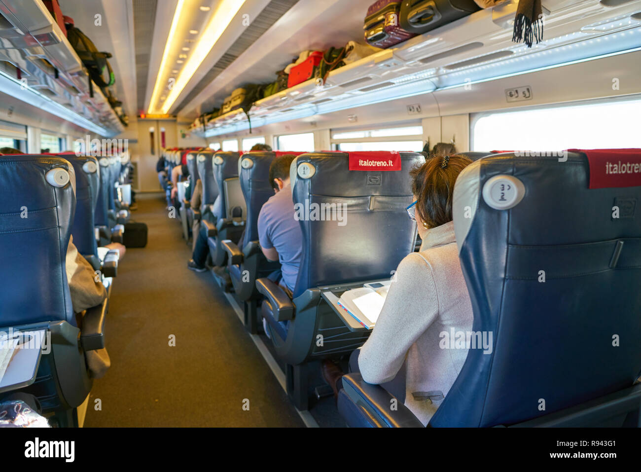 MILAN, ITALY - CIRCA NOVEMBER, 2017: inside high-speed italo train. The ...