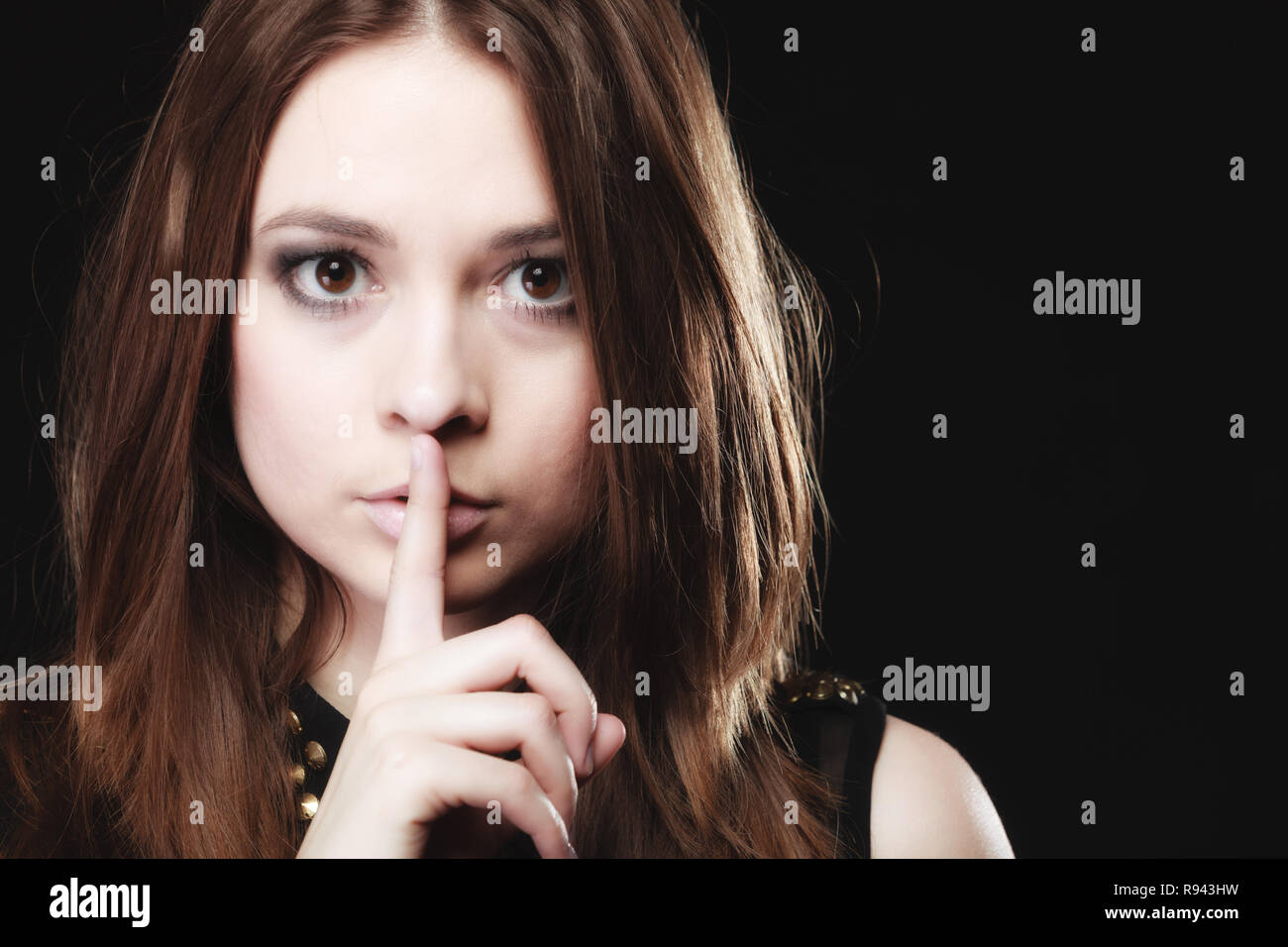 Secret Woman Finger On Lips Teen Girl Showing Hand Silence Sign