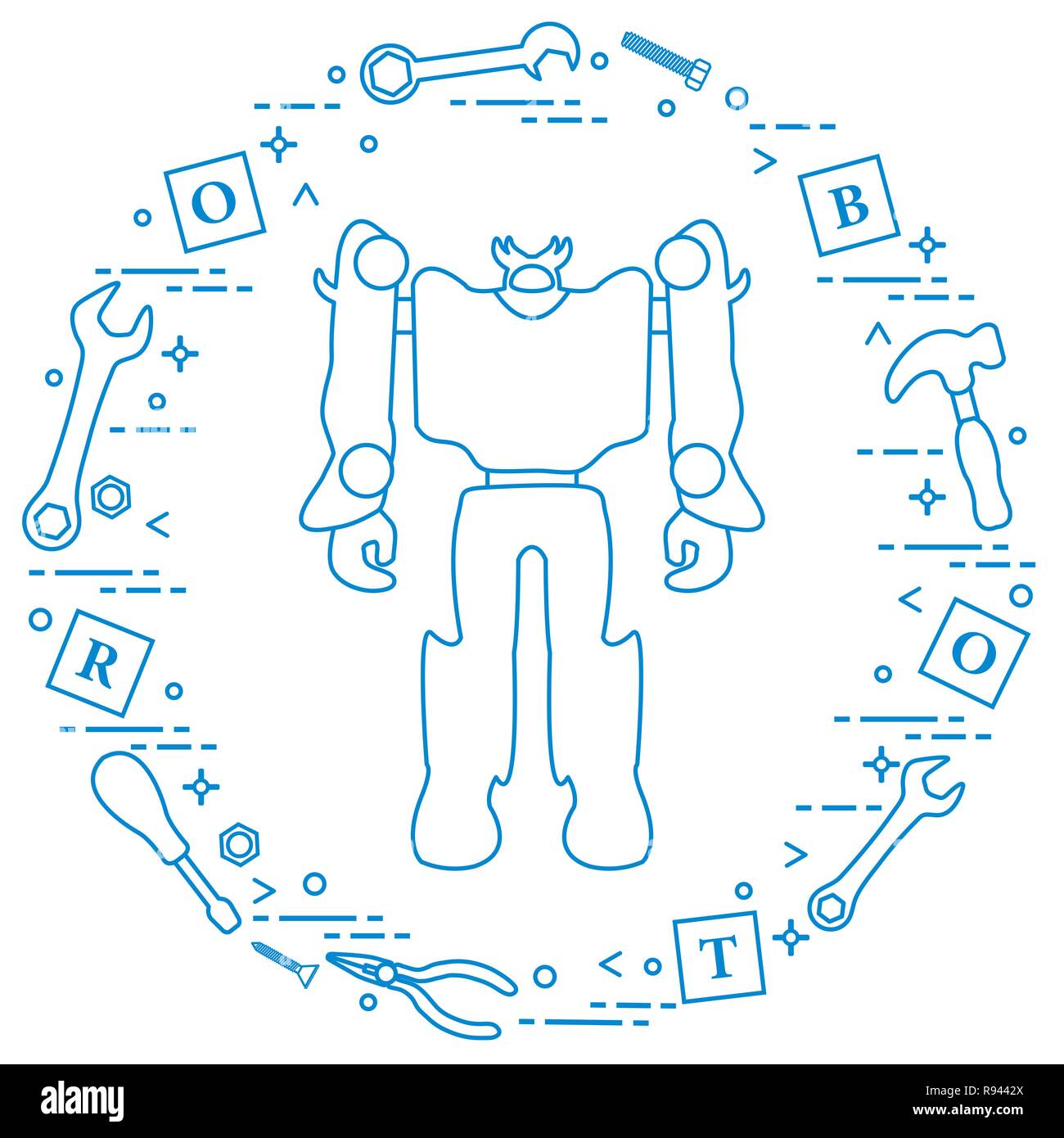 Robot, cubes with letters, toy tools (screwdriver, wrench, screw ...