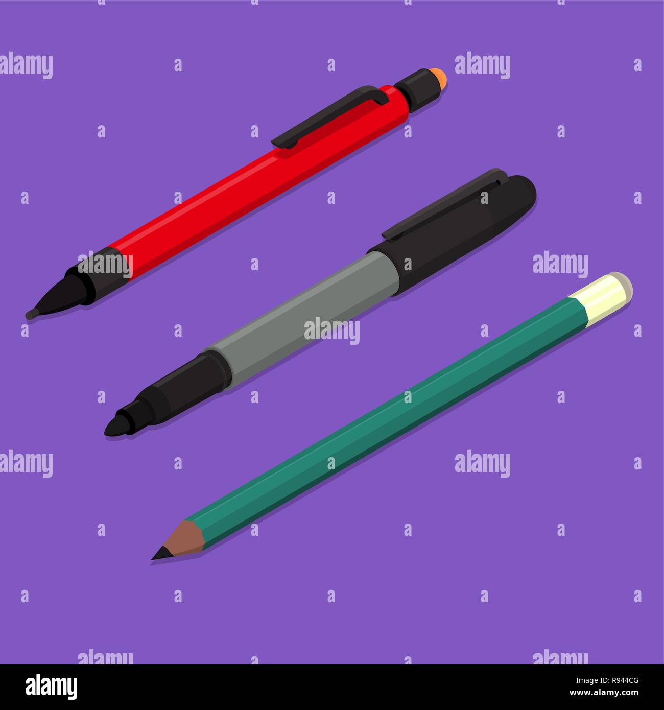 Set pencil plastic, wooden, marker. Office objects in isometric style ...