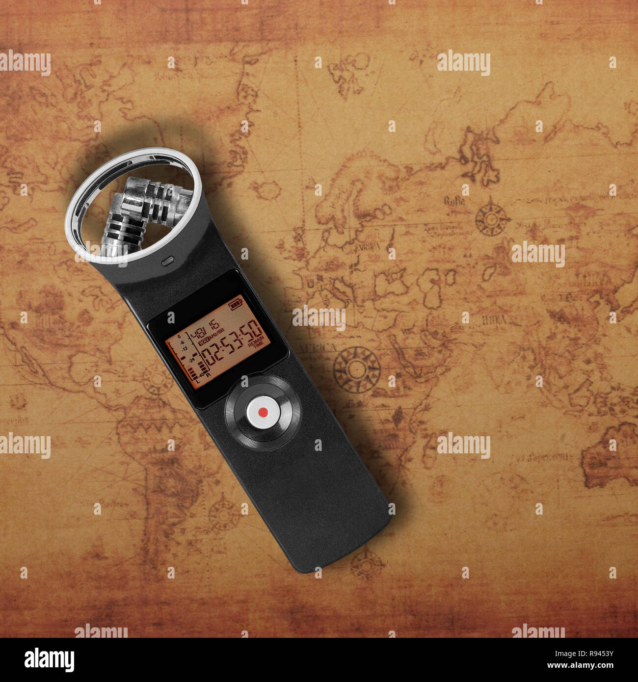 Electronic audio device - Top view Portable digital Recorder on a old ...