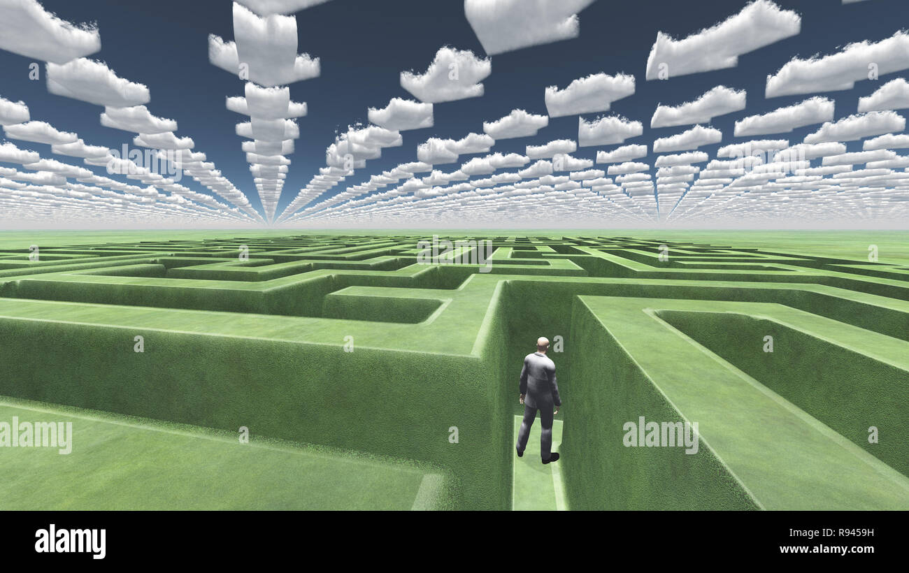 Figure inside of maze with arrow clouds above Stock Photo - Alamy