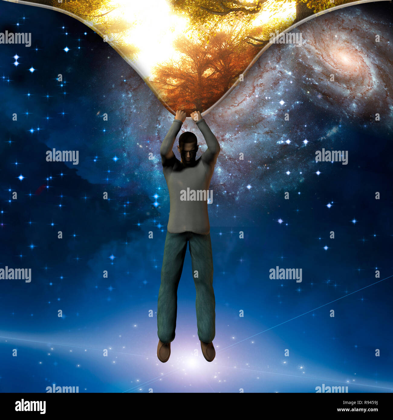 Surreal painting. Man rips out dimension Stock Photo - Alamy