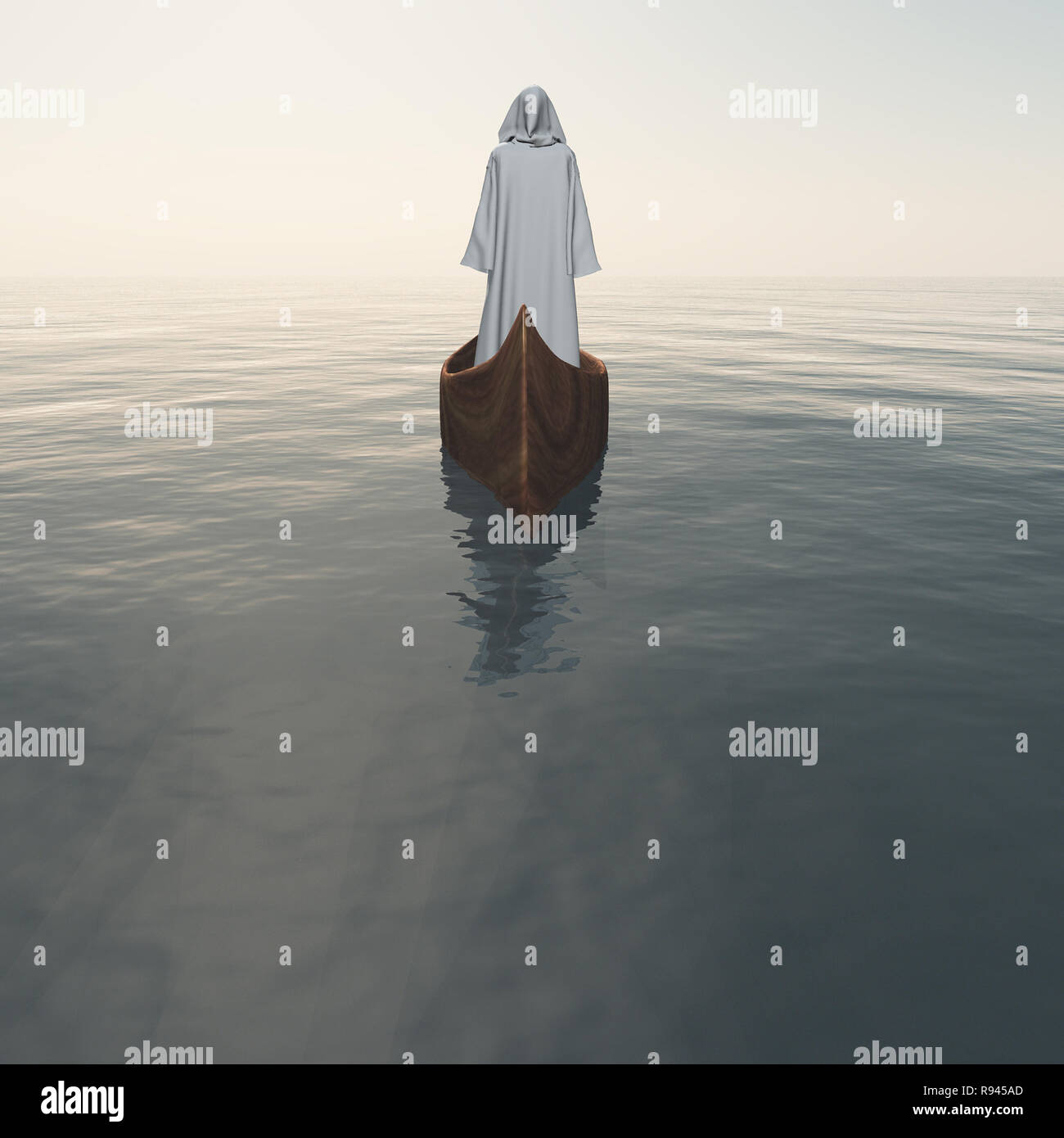 Figure in white cloak floats in the boat Stock Photo - Alamy