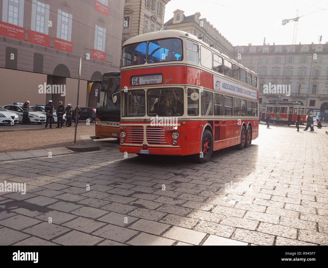TURIN, ITALY - CIRCA DECEMBER 2018: Red double decker bus Viberti CV61 ...