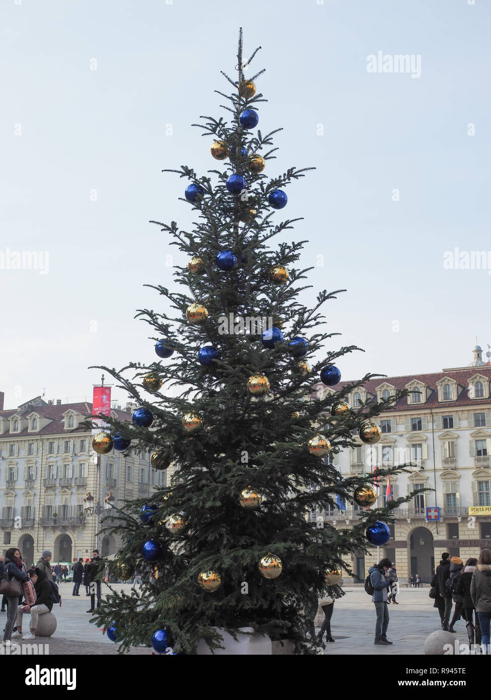 TURIN, ITALY - CIRCA DECEMBER 2018: Christmas tree with baubles ...