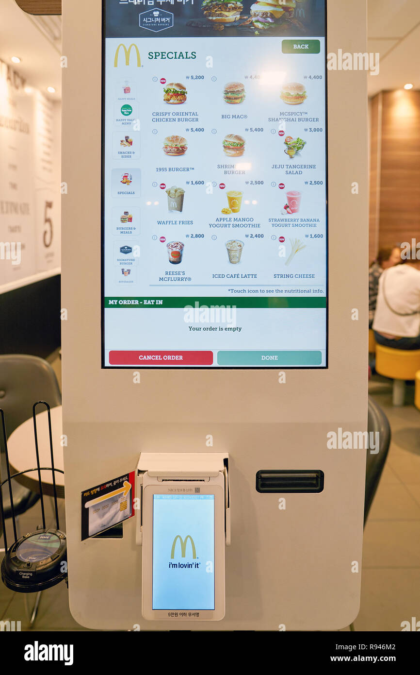 BUSAN, SOUTH KOREA - CIRCA MAY, 2017: close up shot of ordering kiosk ...