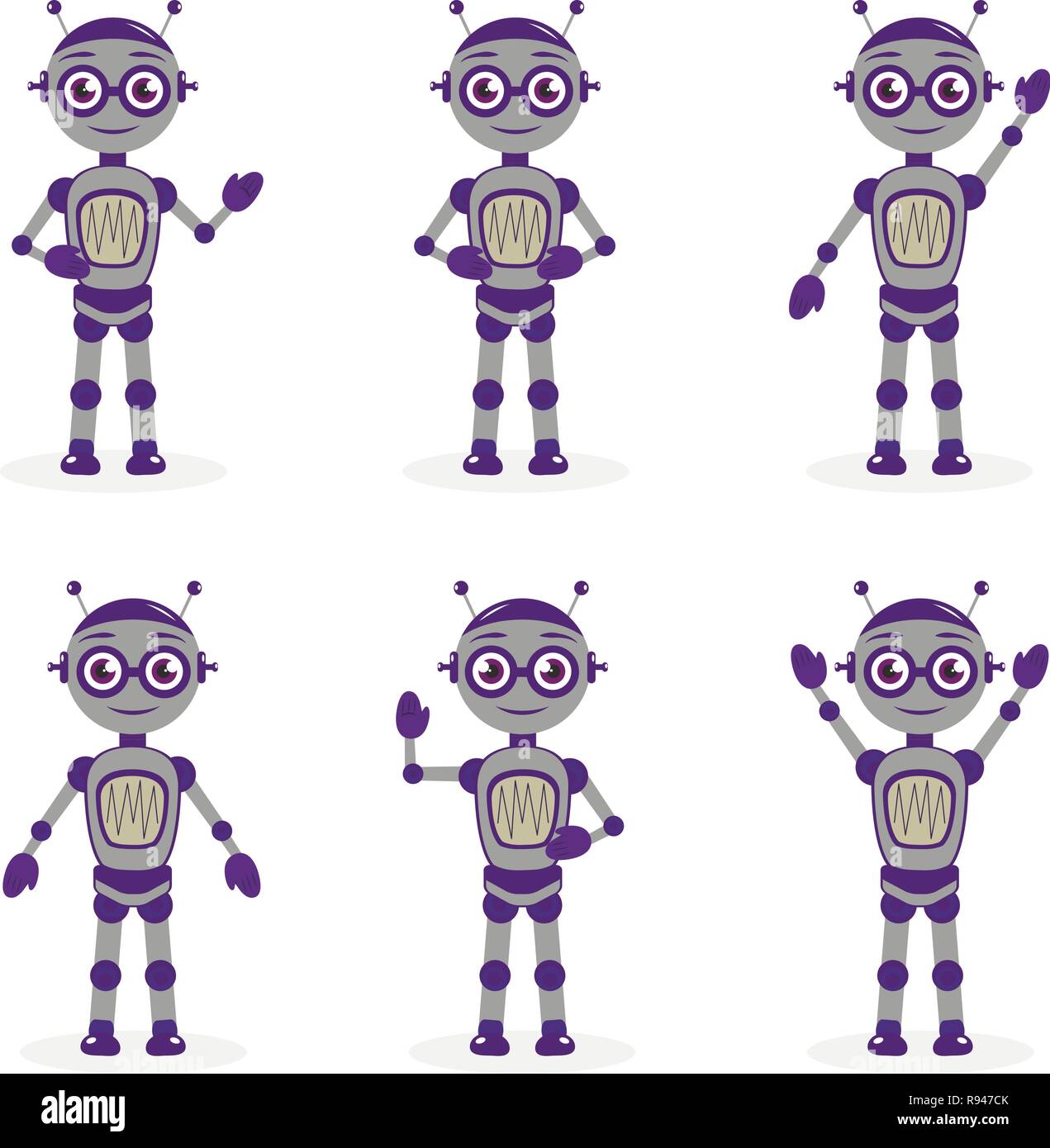 Cartoon robot mascot set of objects in flat style. Robots character ...
