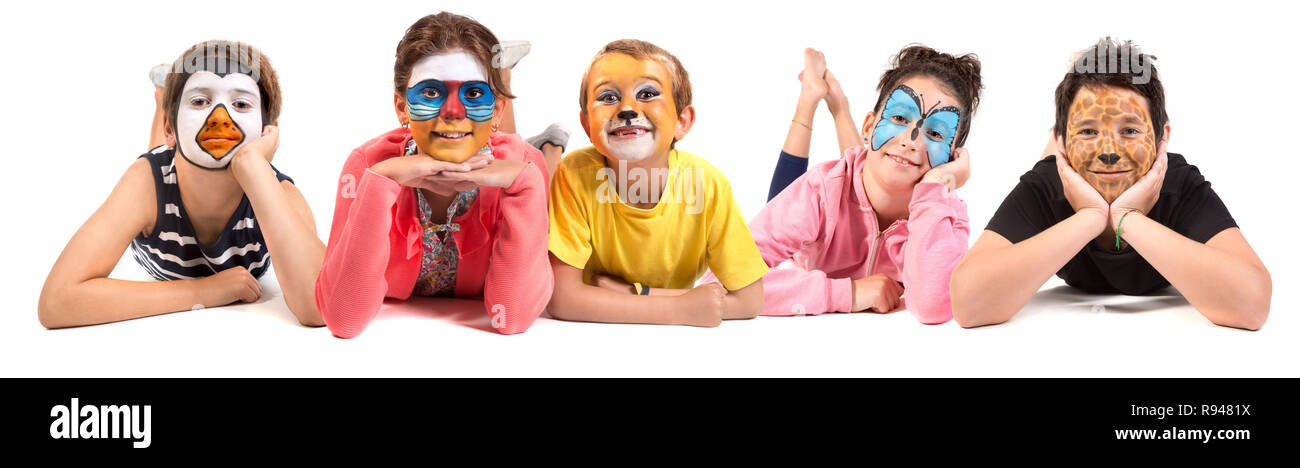 Children's group with animal face-paint isolated in white Stock Photo ...