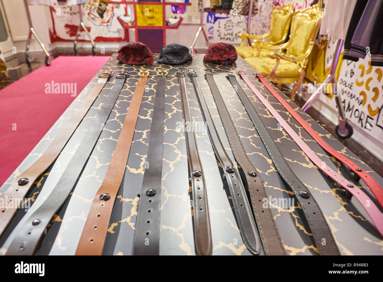 MILAN, ITALY - CIRCA NOVEMBER, 2017: belts on display at Dolce ...