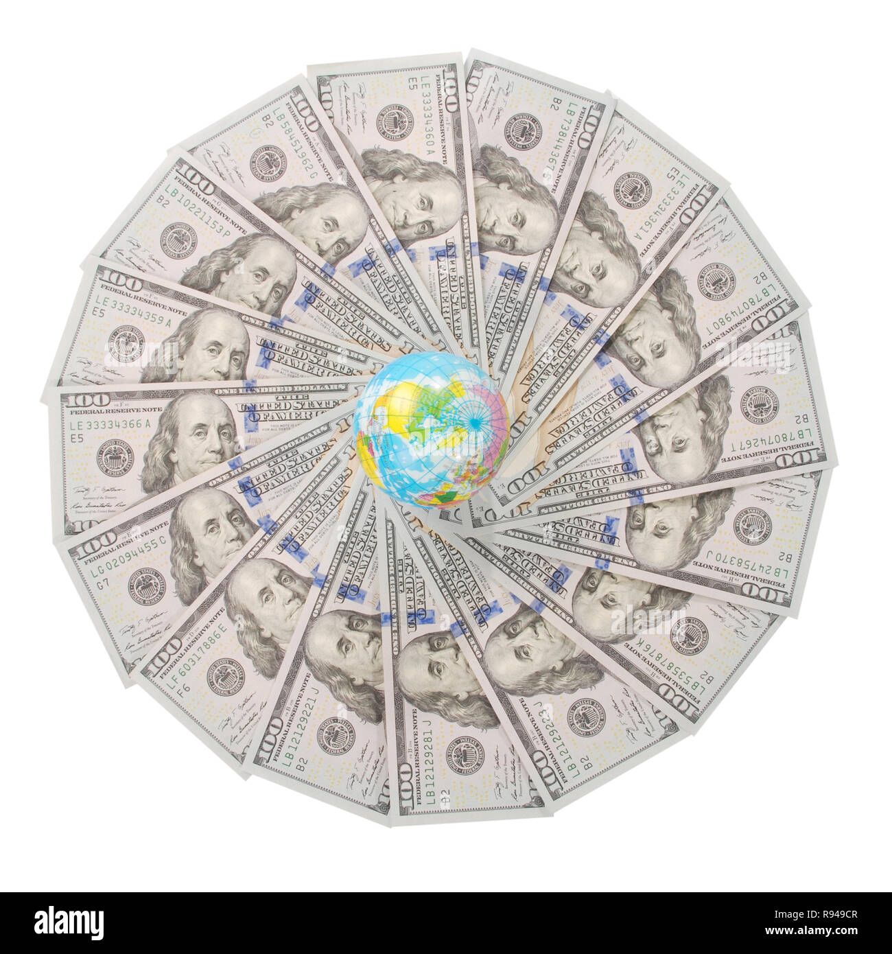 Earth globe on mandala kaleidoscope from money. Abstract money background raster pattern repeat ...