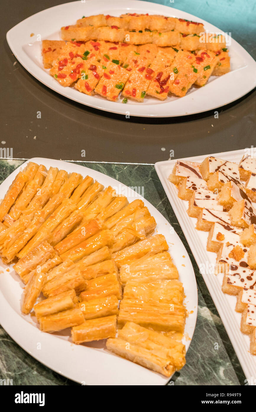 Various desserts in the restaurant. Composition of pastry desserts of ...