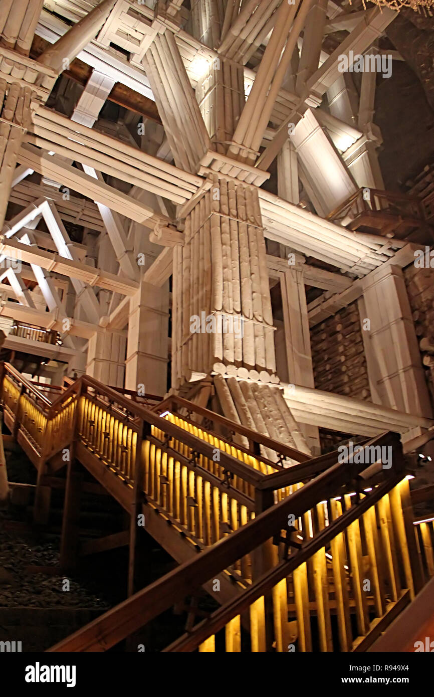 Wooden upstairs at chamber with in Wieliczka salt mine, Wieliczka, near ...