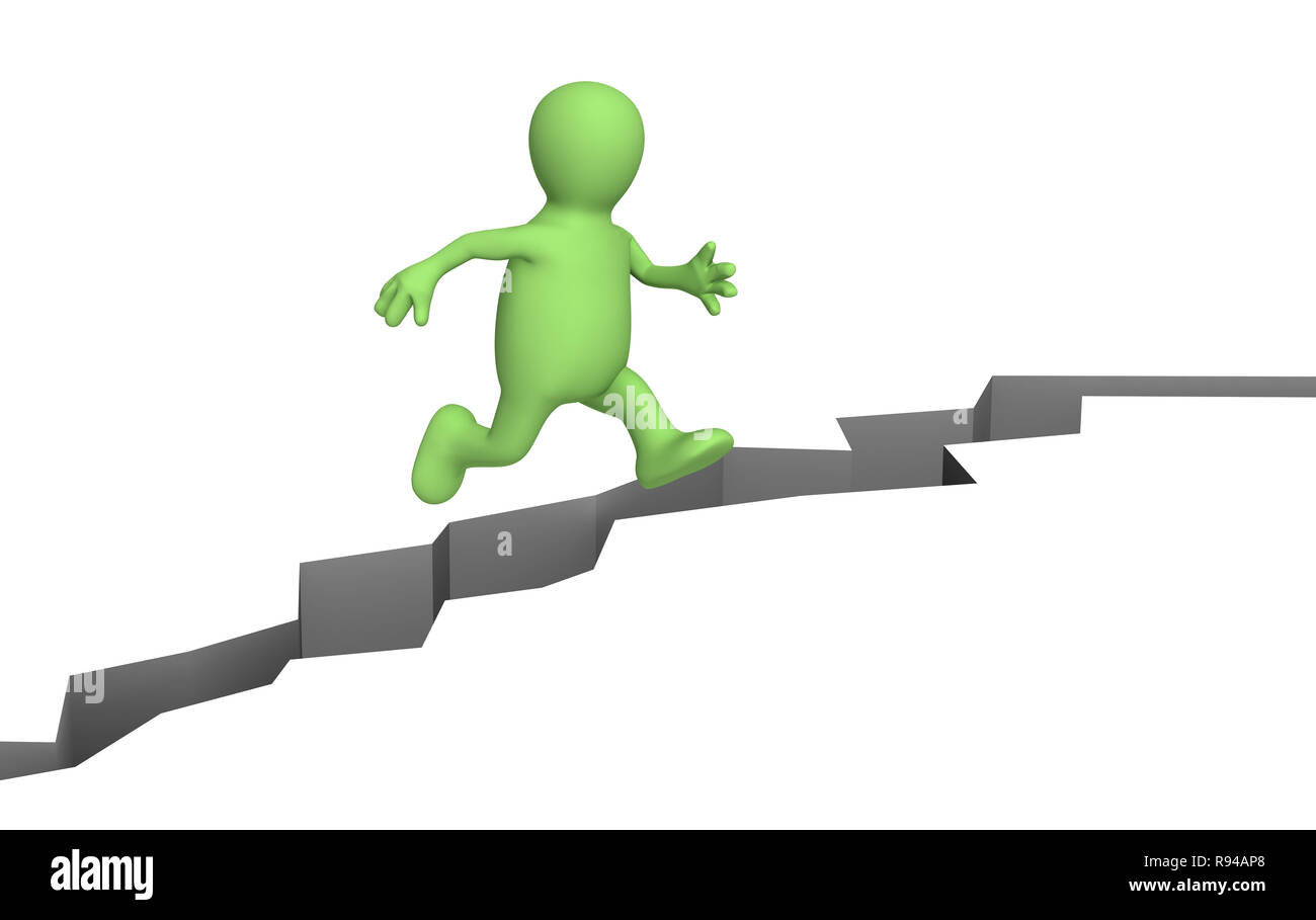 3d puppet, jumping through a crack Stock Photo - Alamy