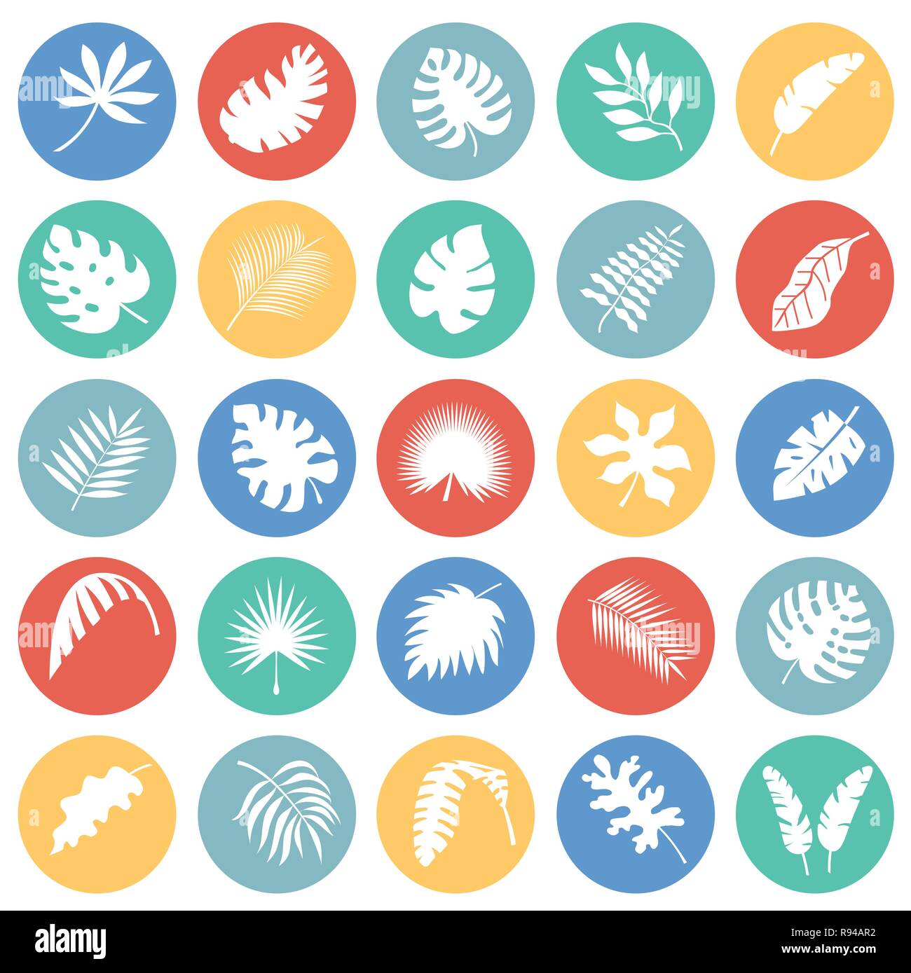 Tropic leafs icons set on color circles background for graphic and web ...