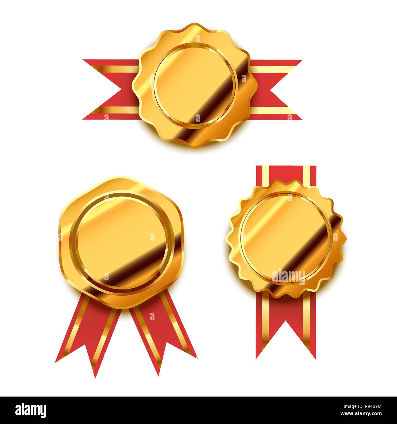 Set os bright golden awards with red tapes, glossy winner badges ...