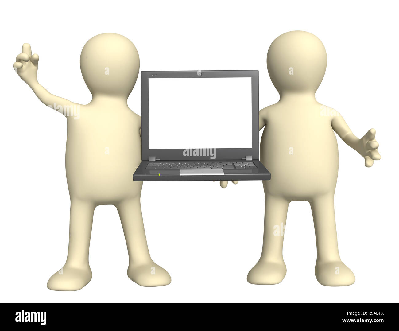 3d puppets with laptop in hands. Isolated over white Stock Photo - Alamy