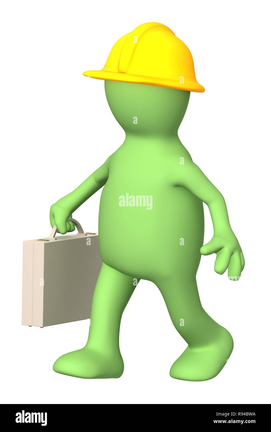 Worker - puppet with a suitcase. Isolated over white Stock Photo - Alamy